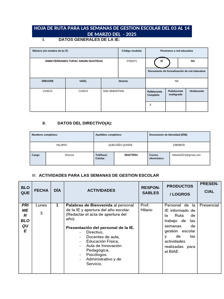 Hoja de Ruta Para Las Semanas de Gestion Escolar Del 03 Al 14 de Marzo Del | PDF