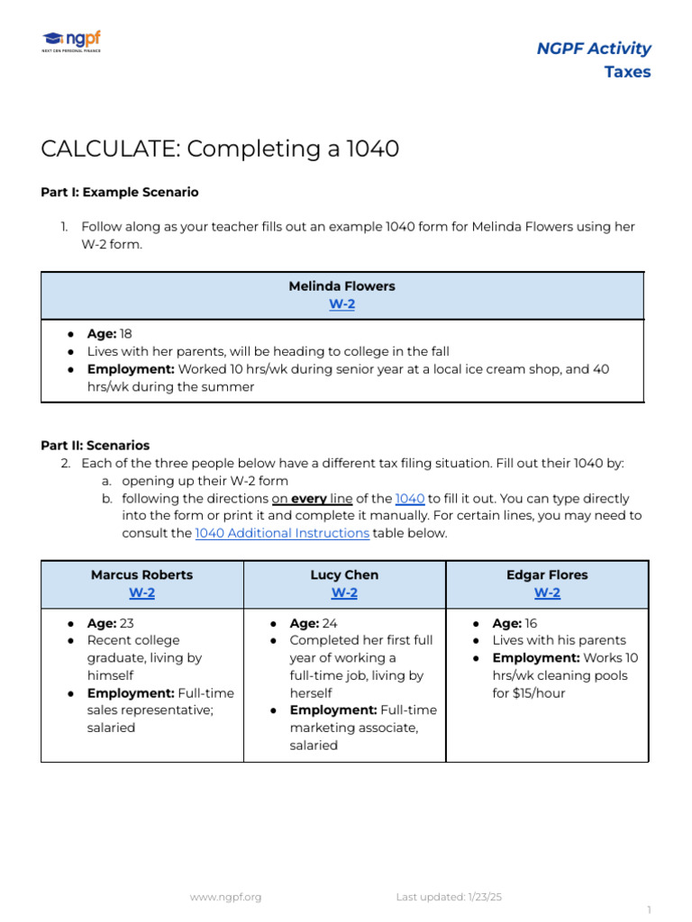 Spring '25 CALCULATE - Completing A 1040 | PDF | Government Finances | Taxes