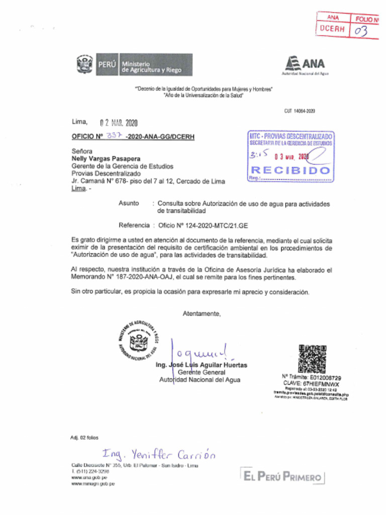 Oficio N 337-2020-ANA-GGDCERH Exime de Presentar Certificación Ambiental en Actividades de ...
