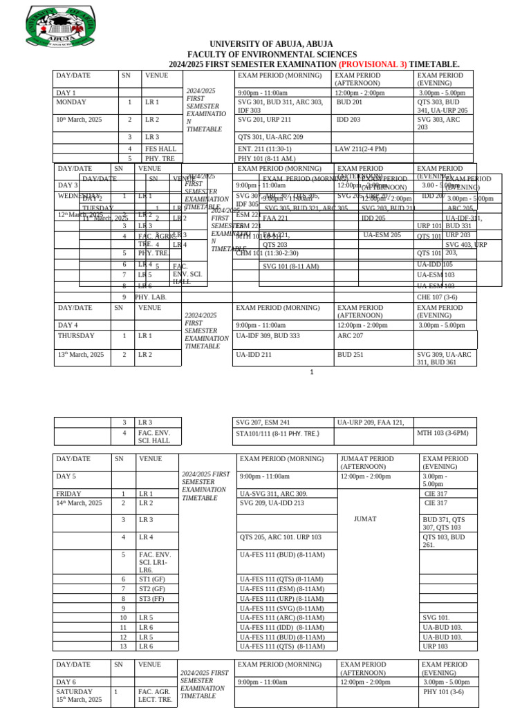 Fes Exam Time Table 2024-2025 First Semester - 1 | PDF