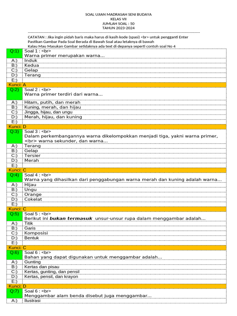 Soal CBT Seni Budaya Kelas 7 SMT 1 - Salin | PDF