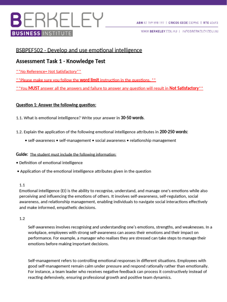 Assessment Task 1 Guideline - BSBPEF502 | PDF | Emotional Intelligence | Communication