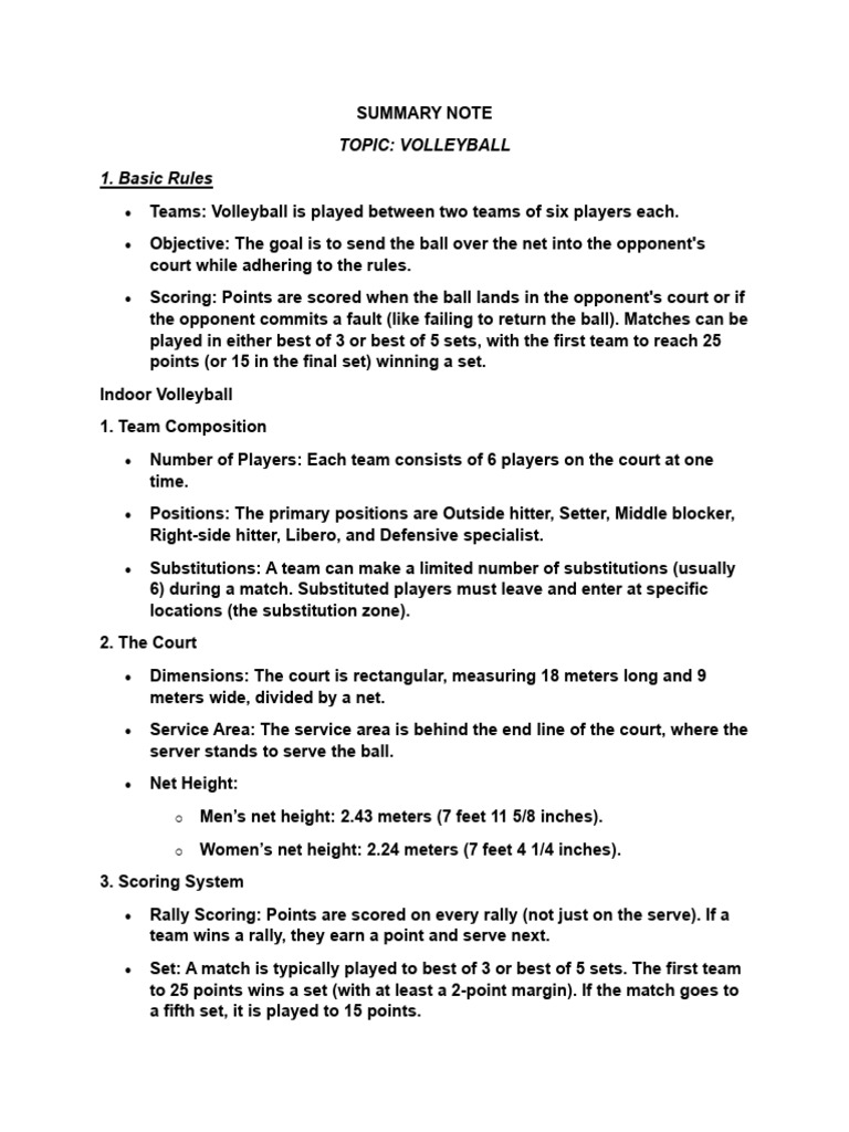 SUMMARY NOTE Volleyball | PDF | Volleyball | Summer Sports