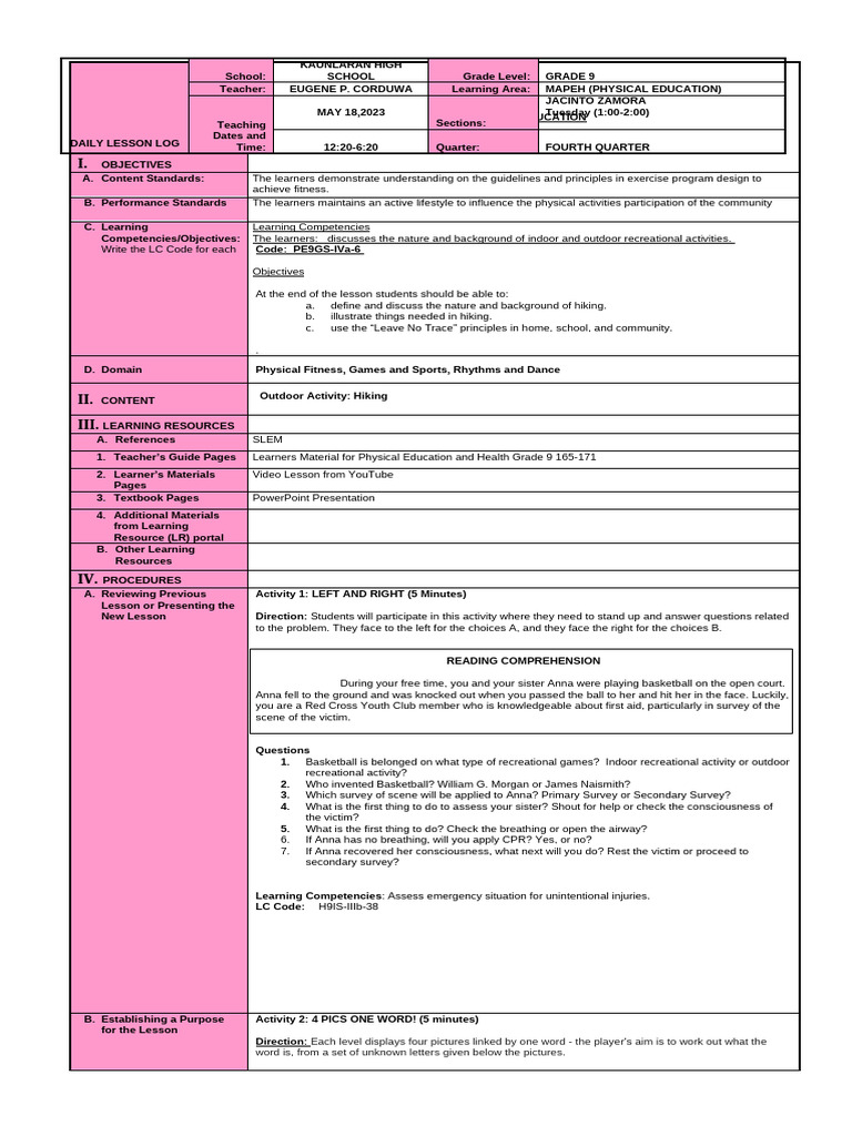 COT2-Outdoor-Recreation-Hiking-2022-2023 | PDF | Skill | Learning