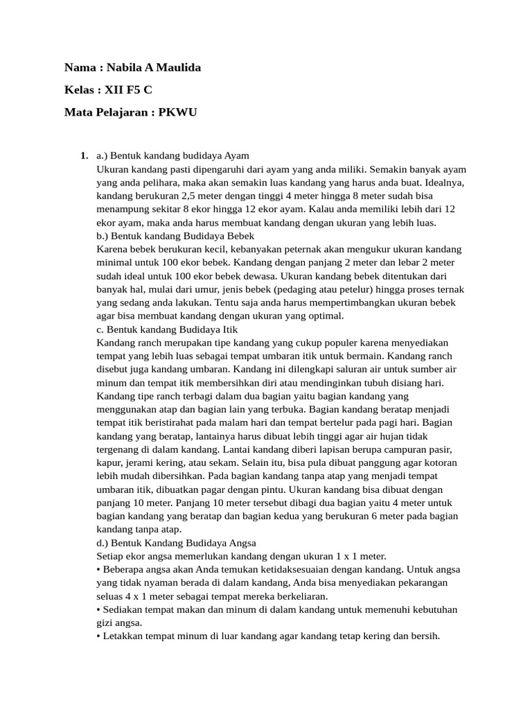 Pkwu - Nabila A Maulida - Kandang Unggas - 07082024 | PDF
