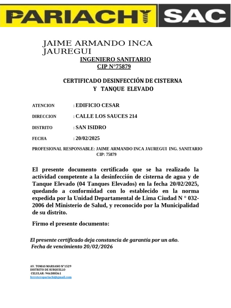 Certificado Sanitario Ore 2025 | PDF