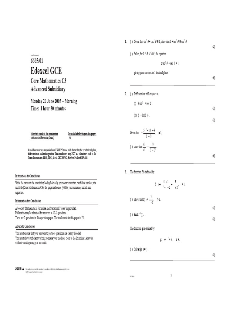 Combined QP (Reduced) - C3 Edexcel | PDF | Mathematical Concepts | Mathematical Objects