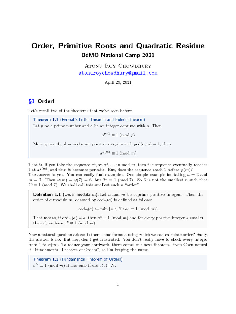 Order and Primitive Roots in Number Theory | PDF | Prime Number ...