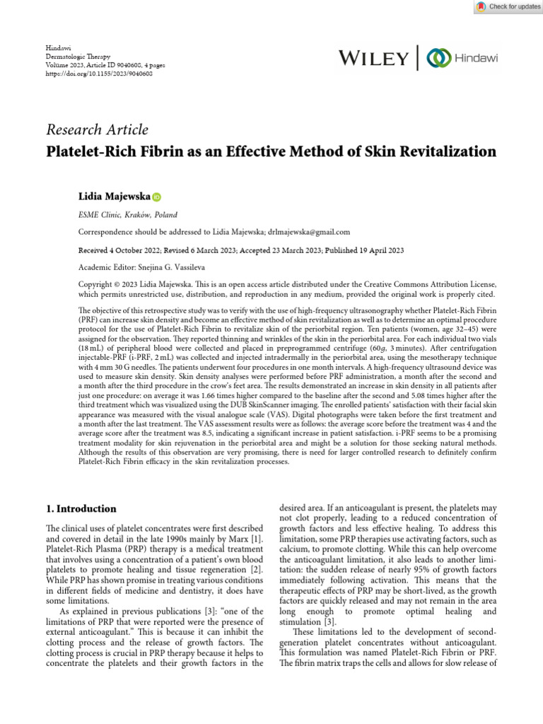 (2023) Platelet‐Rich Fibrin as an Effective Method of Skin ...