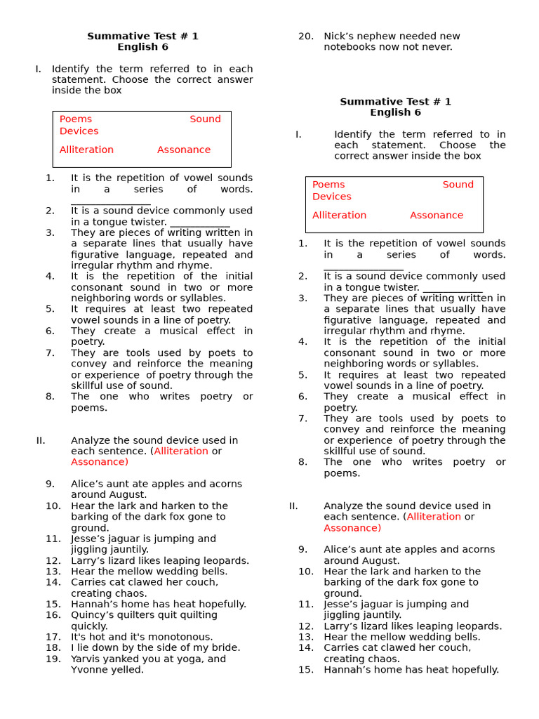 Summative Test #1 - SOUND DEVICES | PDF | Poetry | Rhyme