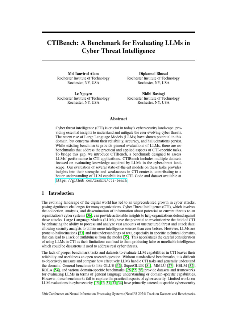 CTIBench - A Benchmark For Evaluating LLMs in Cyber Threat Intelligence2406.07599v3 | PDF ...