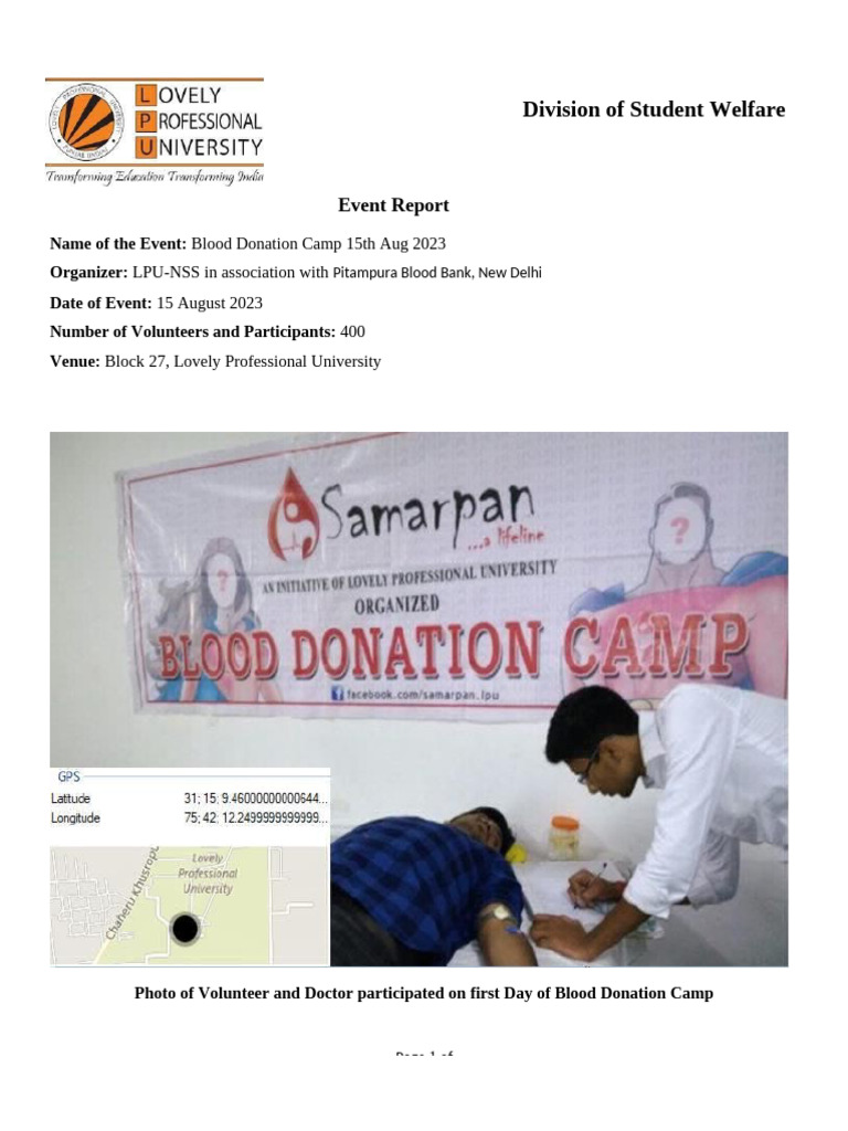 Blood Donation Camp 15 Aug 23 | PDF | Volunteering | Blood Donation