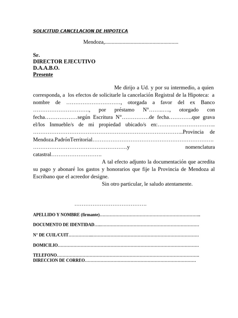 Solicitud Cancelacion de Hipoteca Modelo 2021 - Deuda Daabo | PDF