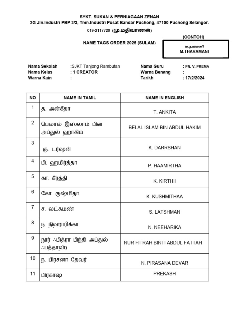 Name Tag List SJKT Tanjong Rambutan | PDF