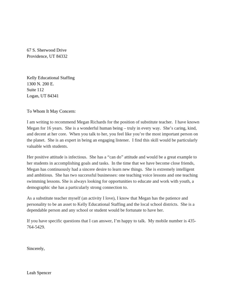 Recommendation for Substitute Teacher Megan Richards | PDF