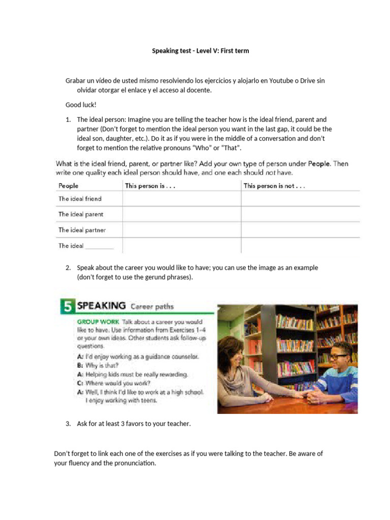 Speaking Test - Level V - First Term | PDF