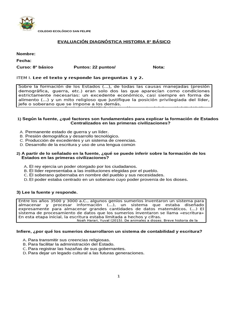Evaluación Diagnóstica Historia 8° Básico | PDF | Sumeria | imperio Romano