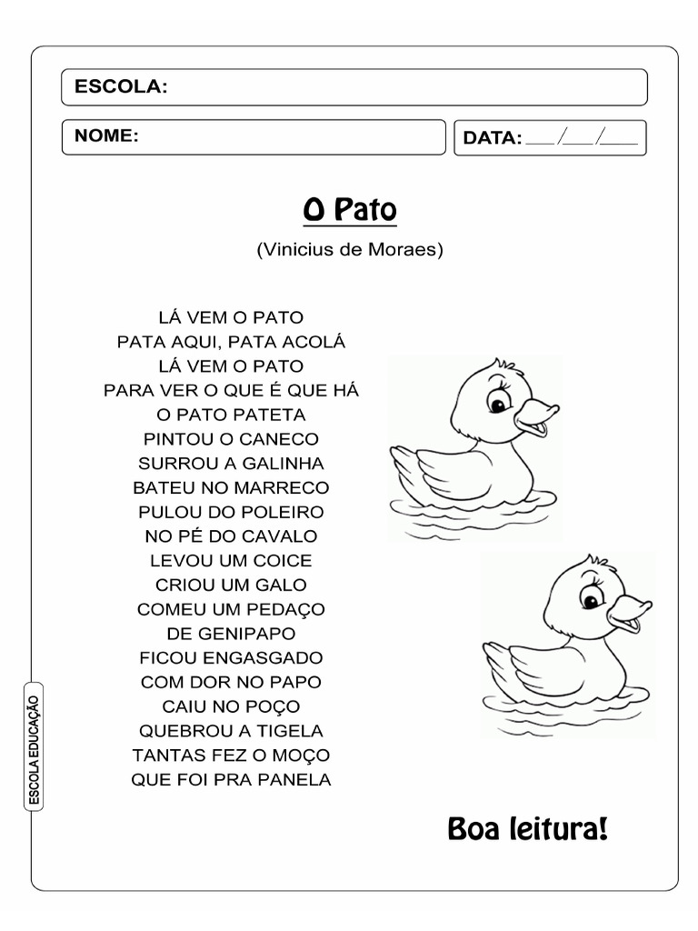 Cantigas de Roda para Leitura La Vem o Pato PDF | PDF