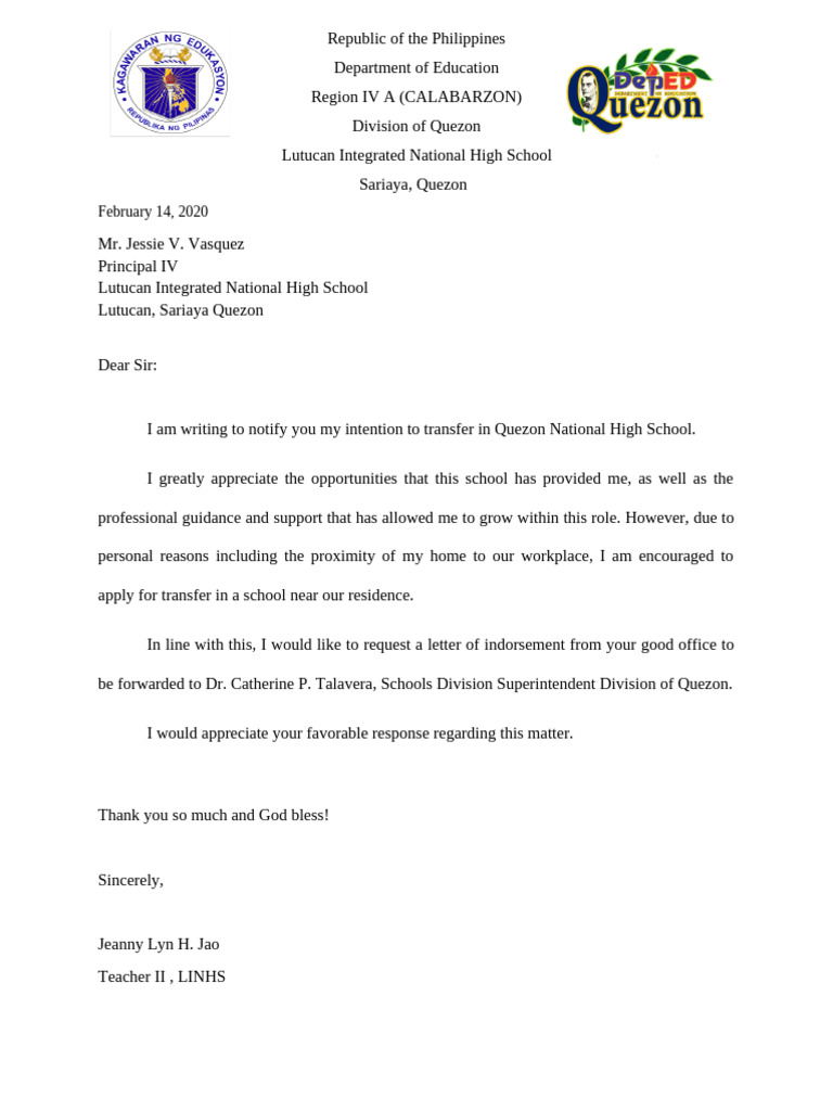 Letter of Transfer Sir Jess | PDF