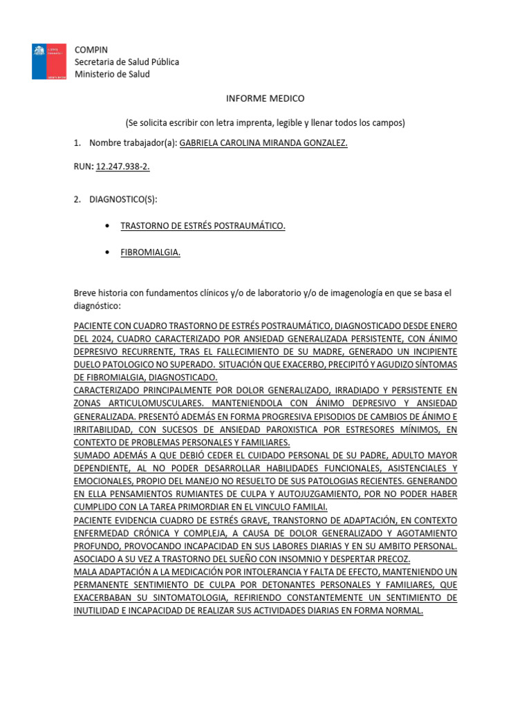 Informe Médico sobre Tratamiento de Estrés | PDF | Depresión (estado de ...