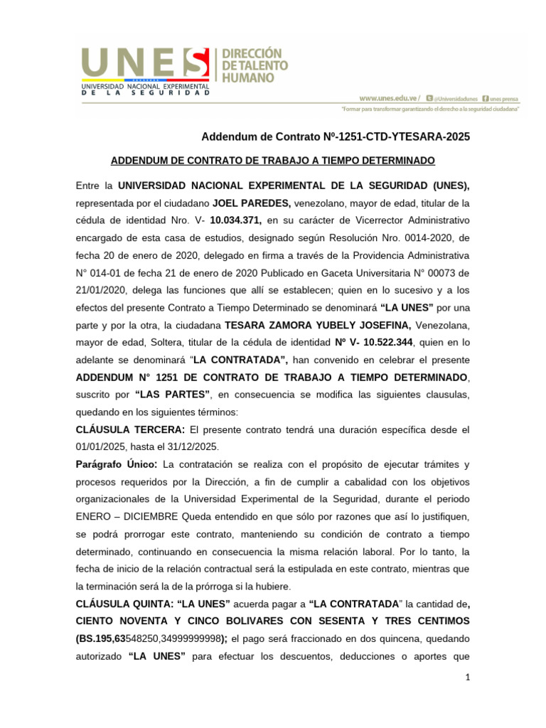 Addendum Contrato UNES 2025 | PDF
