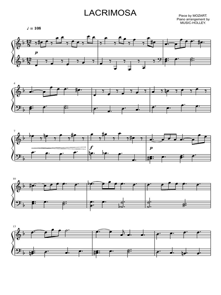 Mozart Lacrimosa Easy Piano Sheet | PDF | Musical Compositions