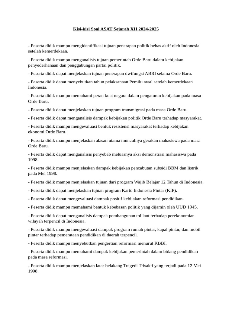 Kisi Soal ASAT Sejarah XII 2024-2025 | PDF