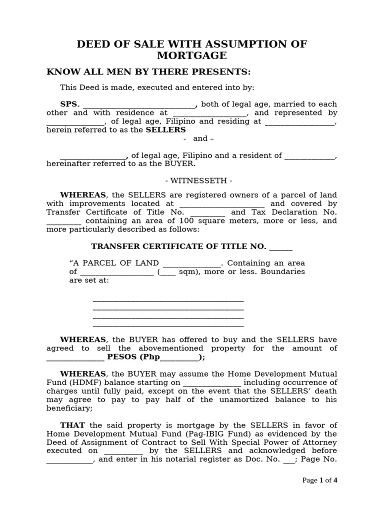 Deed of Sale with Mortgage Assumption | PDF | Mortgage Law | Deed