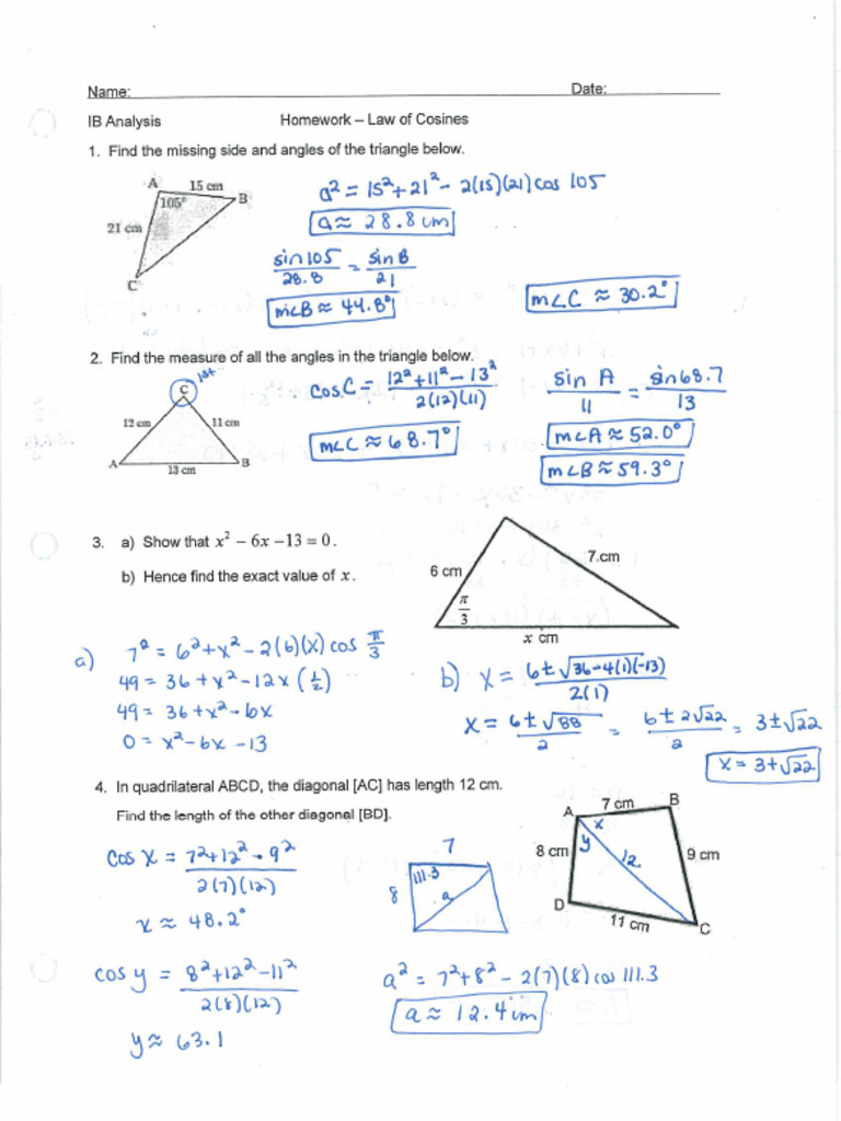Law+of+Cosines+HW+Solutions | PDF
