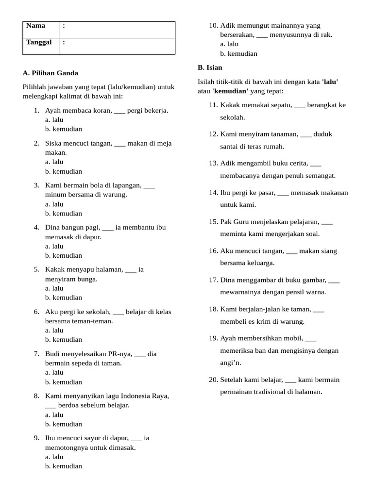 Soal Kata Penghubung 'Lalu' Dan 'Kemudian' | PDF