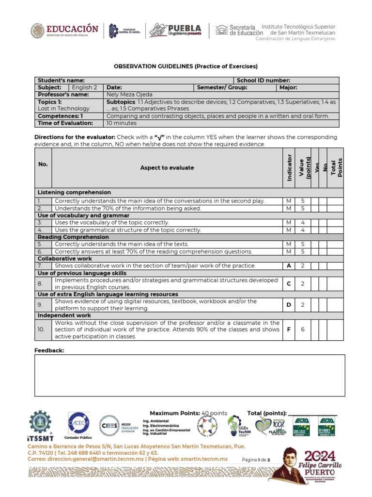 ENG2_C1_Practice of exercises_Observation Guidelines | PDF | Reading ...