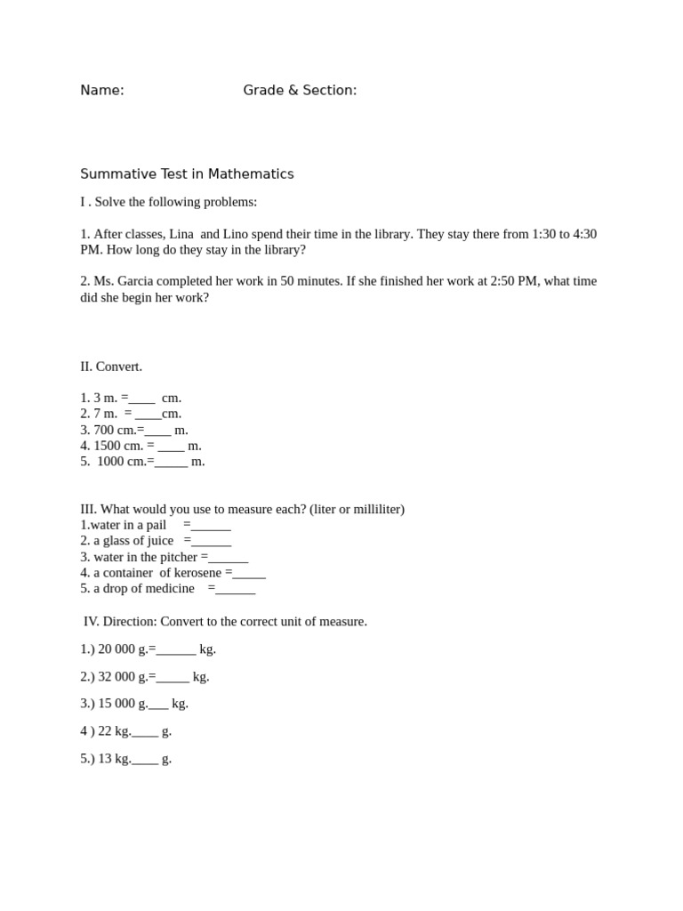 Summative Math Test: Time & Measurement | PDF