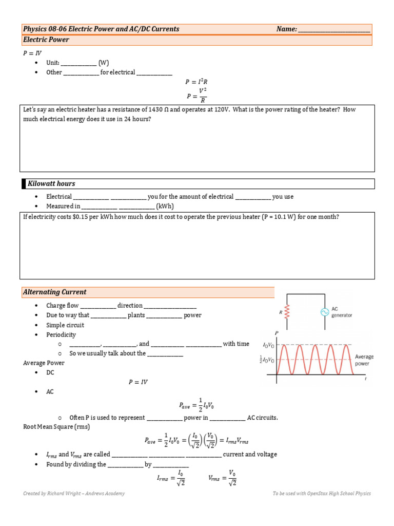HSPhysics 08-06 Electric Power and AC-DC Currents | PDF | Electric Power | Alternating Current