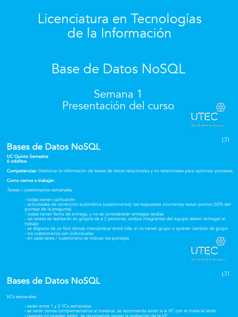 Semana 1 - VC 1 - NoSQL | PDF | No Sql | Bases de datos