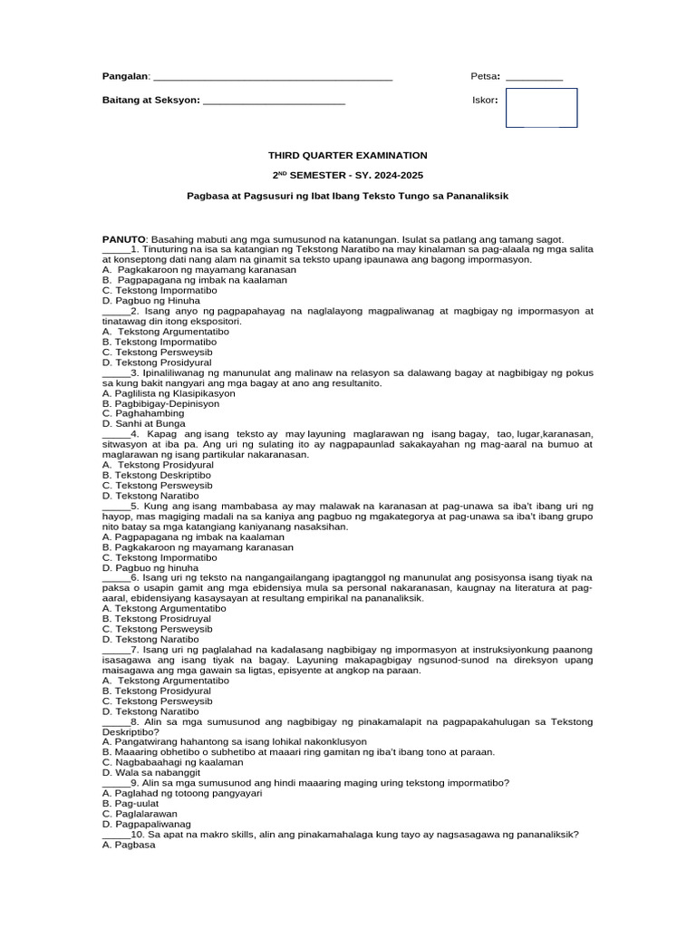 3rd Quarter Exam Pagbasa at Pagsusuri | PDF