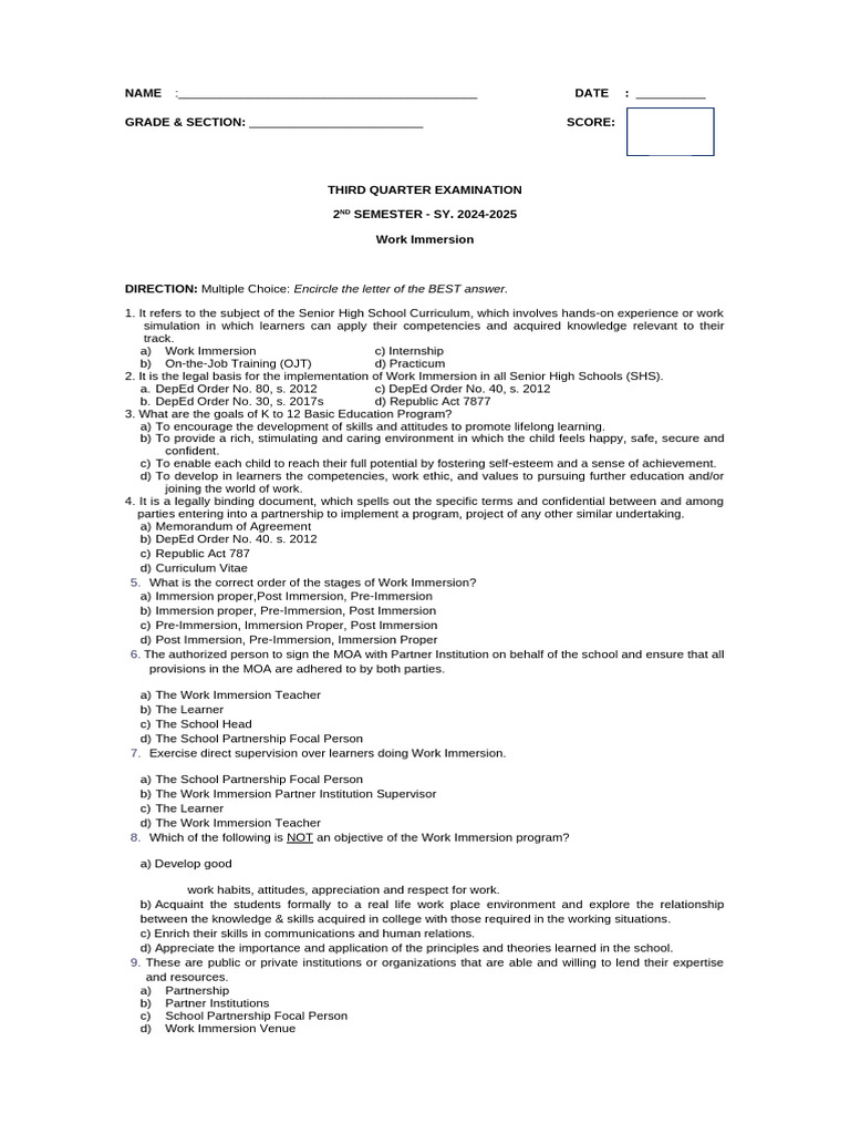 Work Immersion Exam for SHS Students | PDF | Learning | Employment