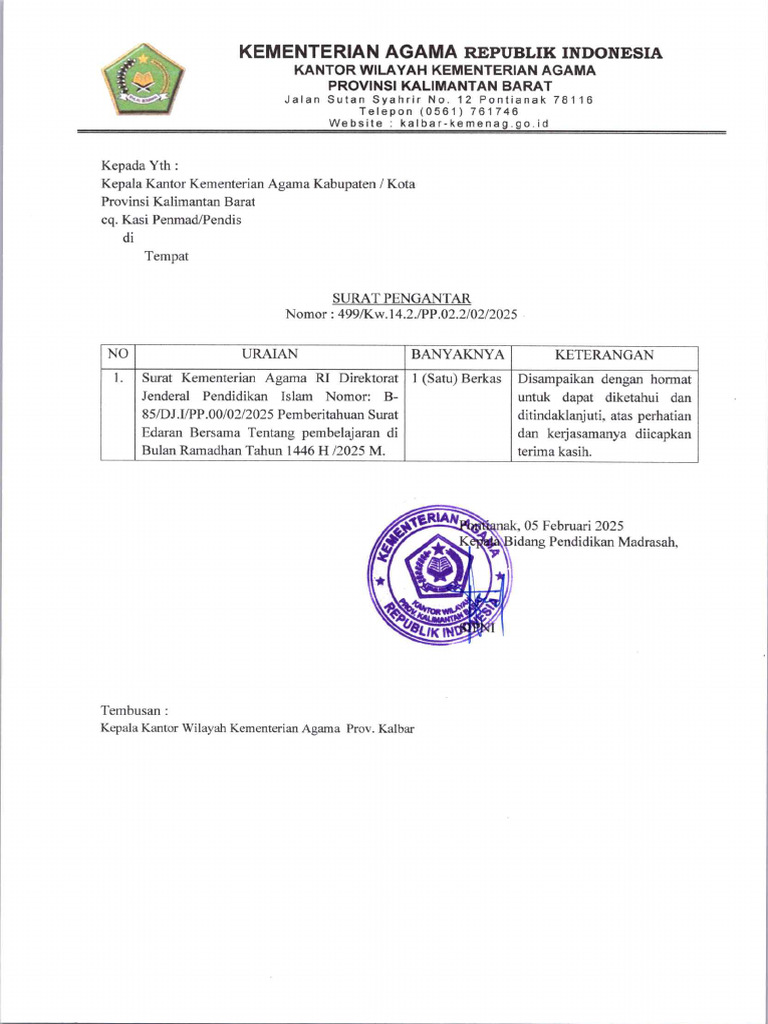 Surat Pengantar - Pembelajaran Di Bulan Ramadhan Tahun 1446 H 2025 M. | PDF