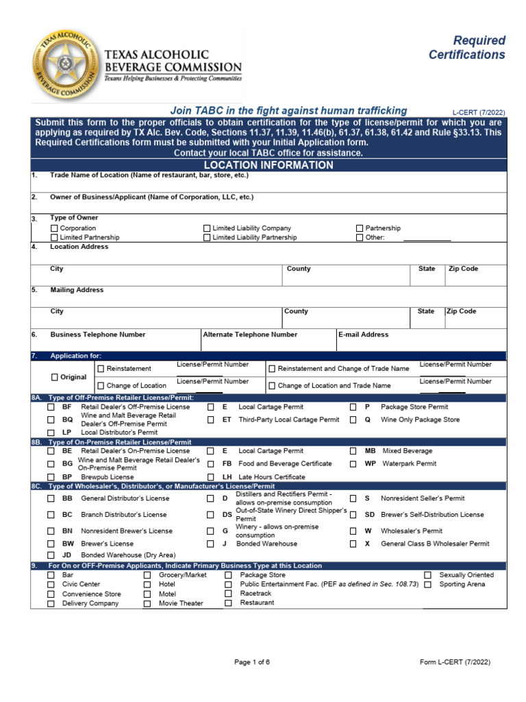 Texas Alcohol License Certification Form | PDF | Alcohol