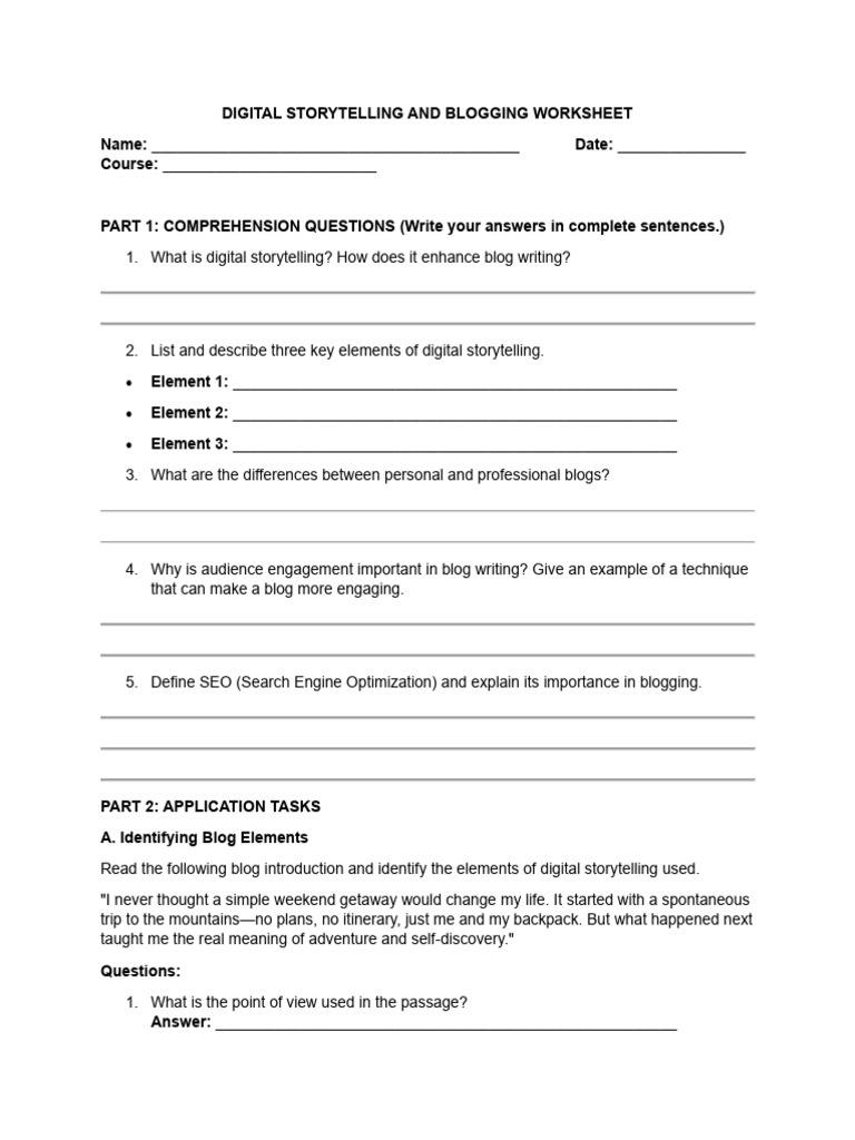 Lesson 3 Digital Storytelling and Blogging Worksheet | PDF ...