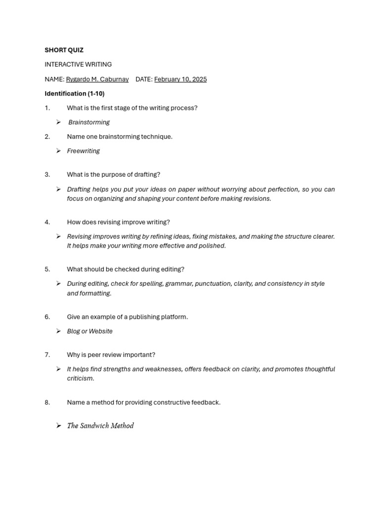 Writing Process Quiz and Techniques | PDF