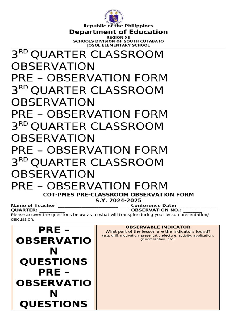 Pre Observation - Josol Es 1 | PDF | Learning | Teachers