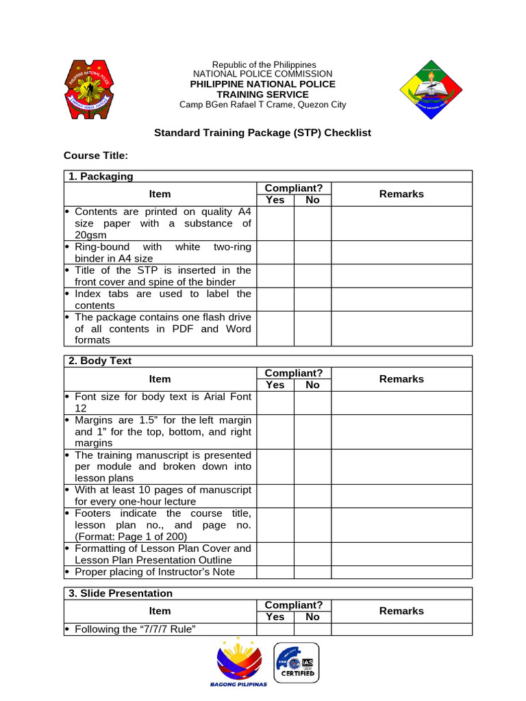 Standard Training Package (STP) Checklist | PDF | Writing | Publishing