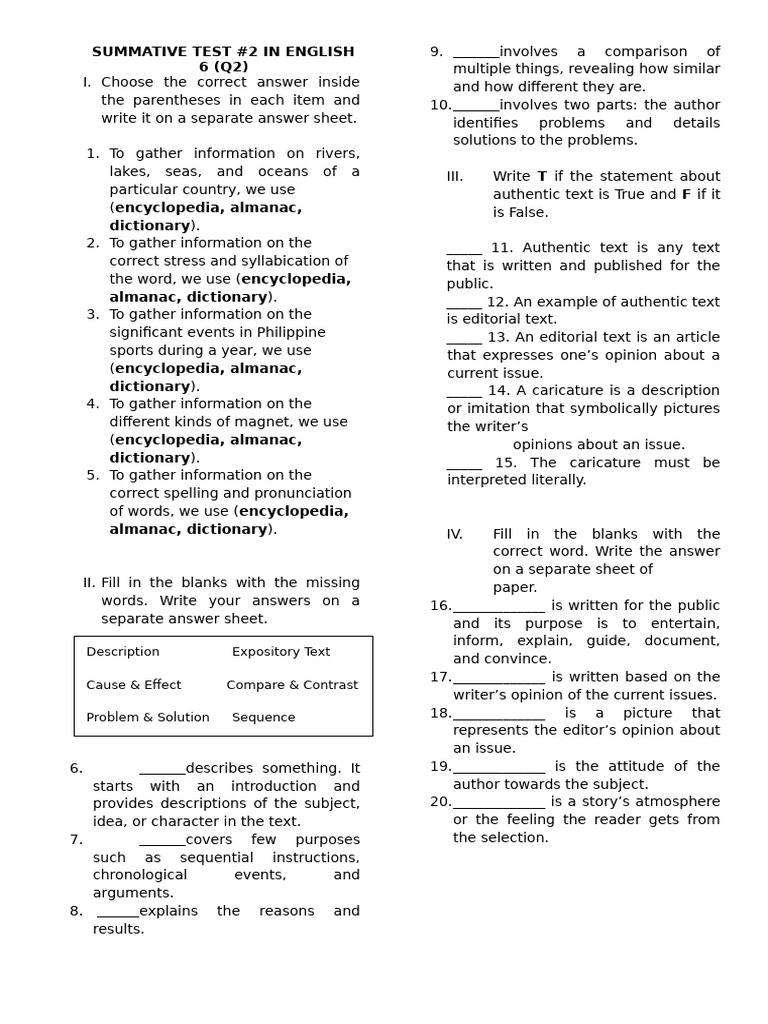 English Summative Test #2 Answers | PDF | Encyclopedias