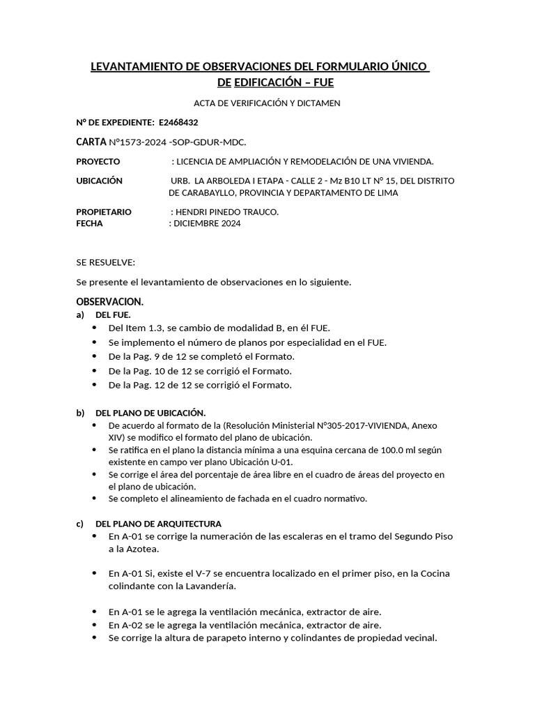 Levantamiento de Observaciones - Carabayllo | PDF