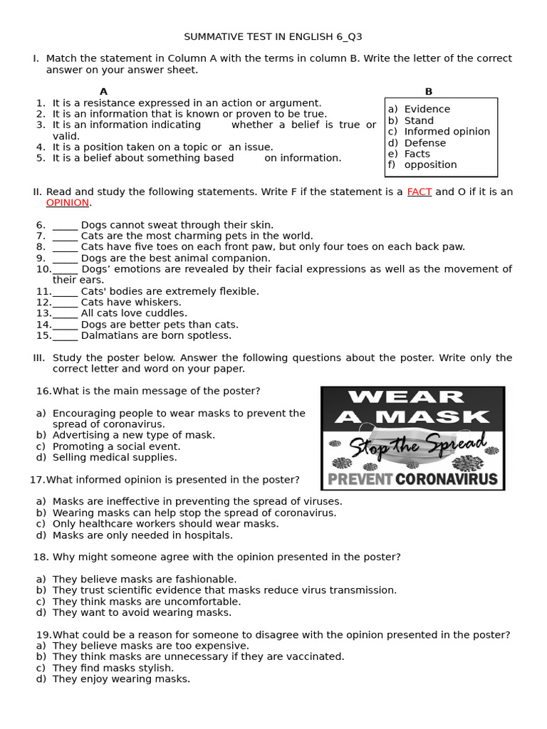 Summative Test #1 - English | PDF | Cats | Dogs