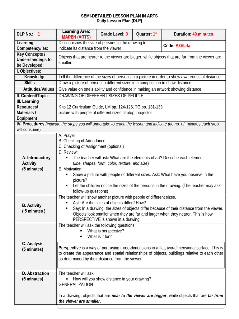 Arts Iii - Q1 - Melc Based DLP | PDF | Lesson Plan | Learning