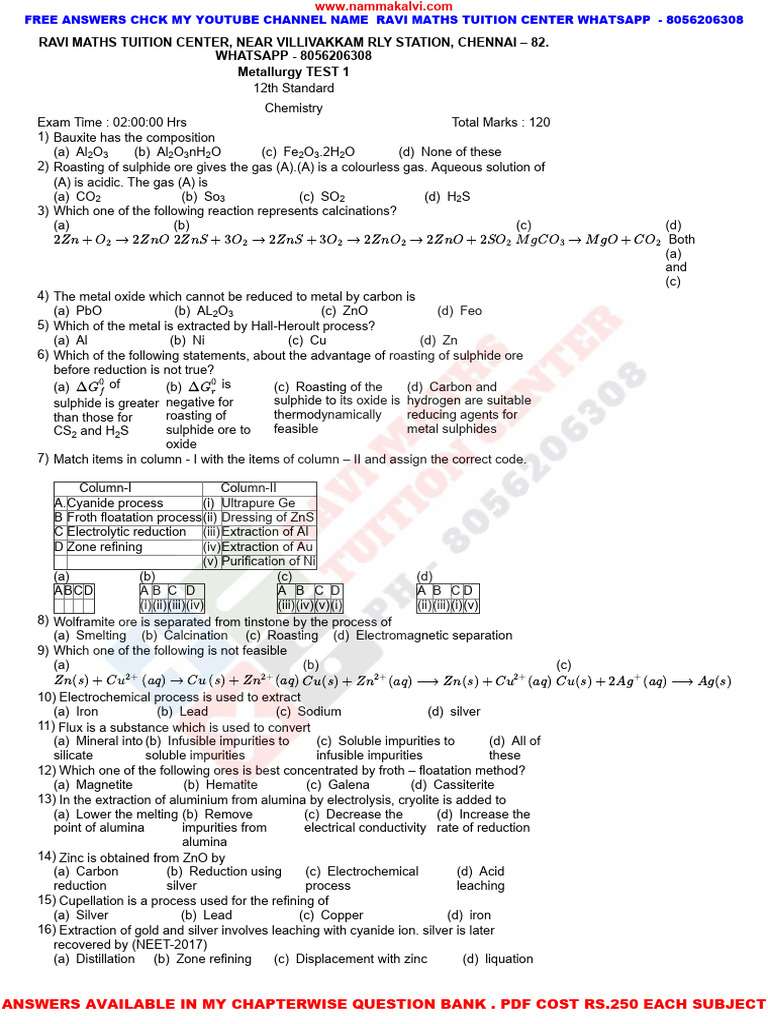 Namma Kalvi 12th Chemistry MCQ Question Bank EM 221044 | PDF | Iron | Ore