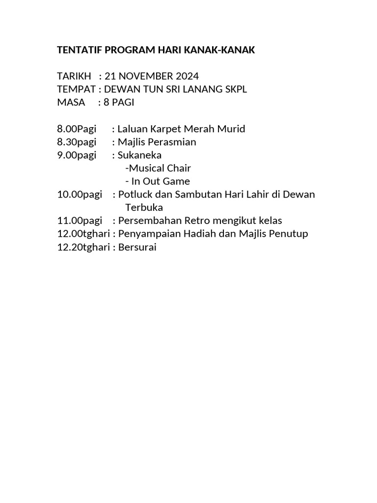 Tentatif Program Hari Kanak | PDF