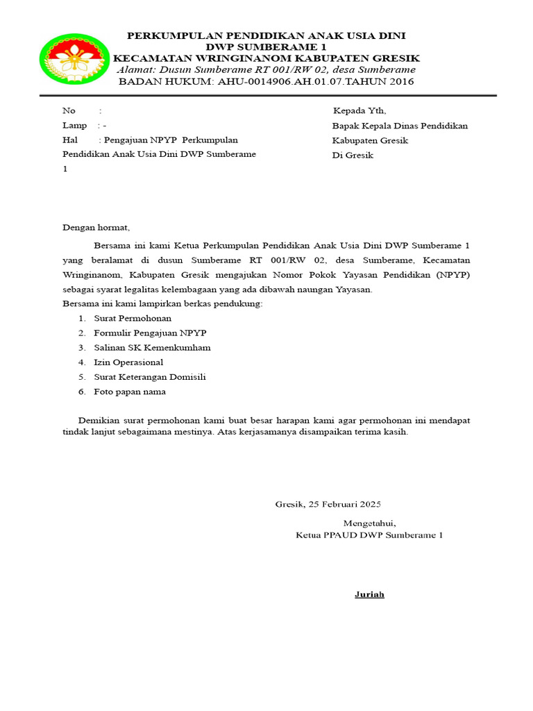 Surat Permohonan Npyp DWP Sumberame 1.docx-1 | PDF