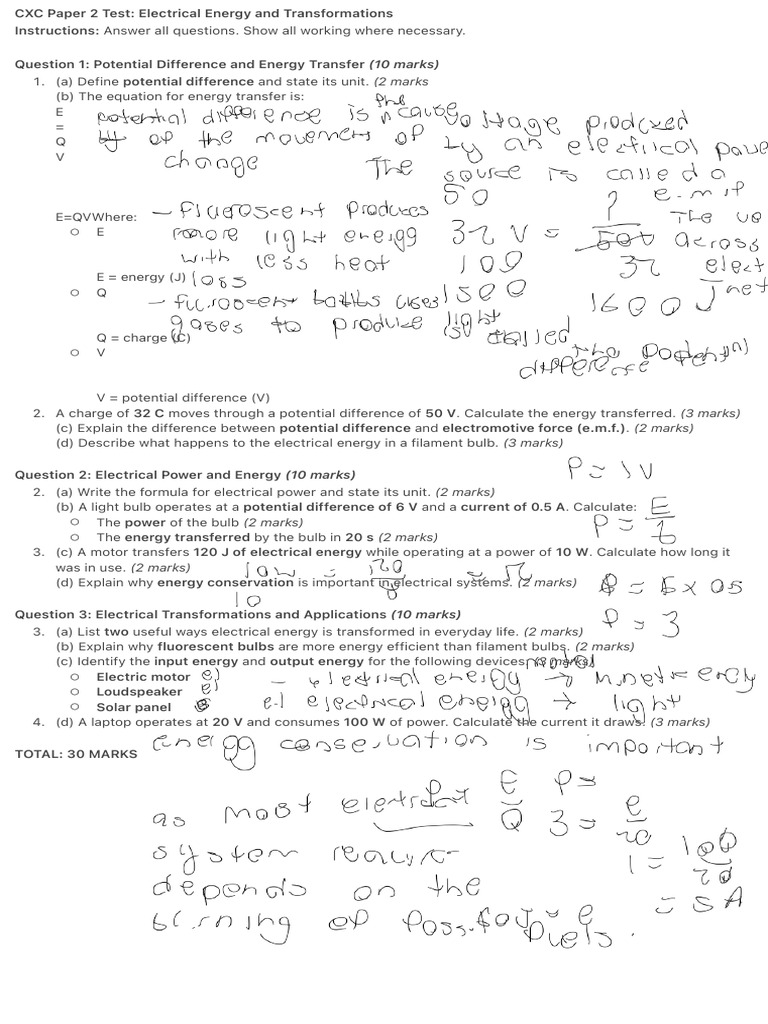 CXC Paper 2 Test: Electrical Energy and Transformations | PDF